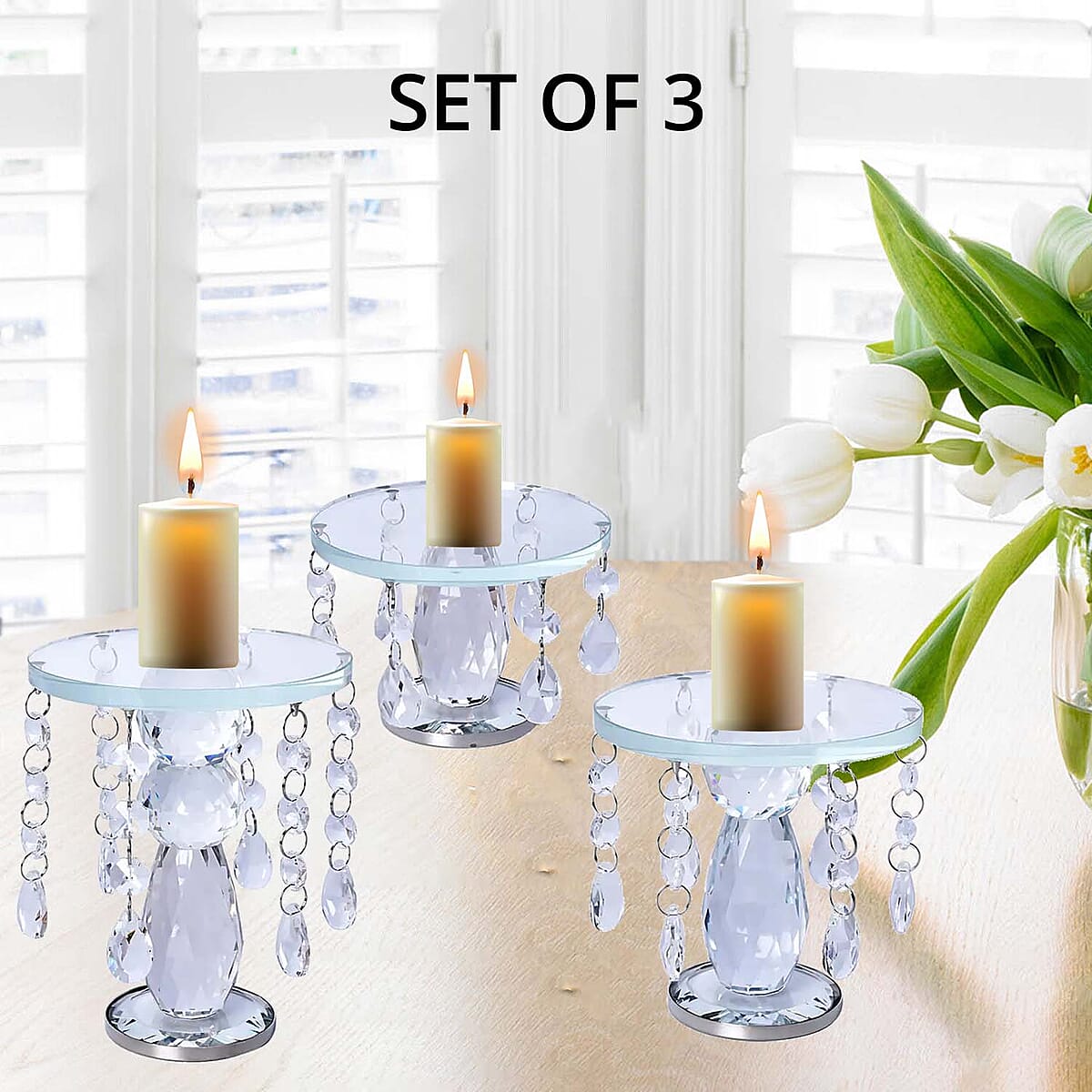 Buy Set of 3 Clear Crystal Drop Charm Pillar Candle Holder | Crystal ...