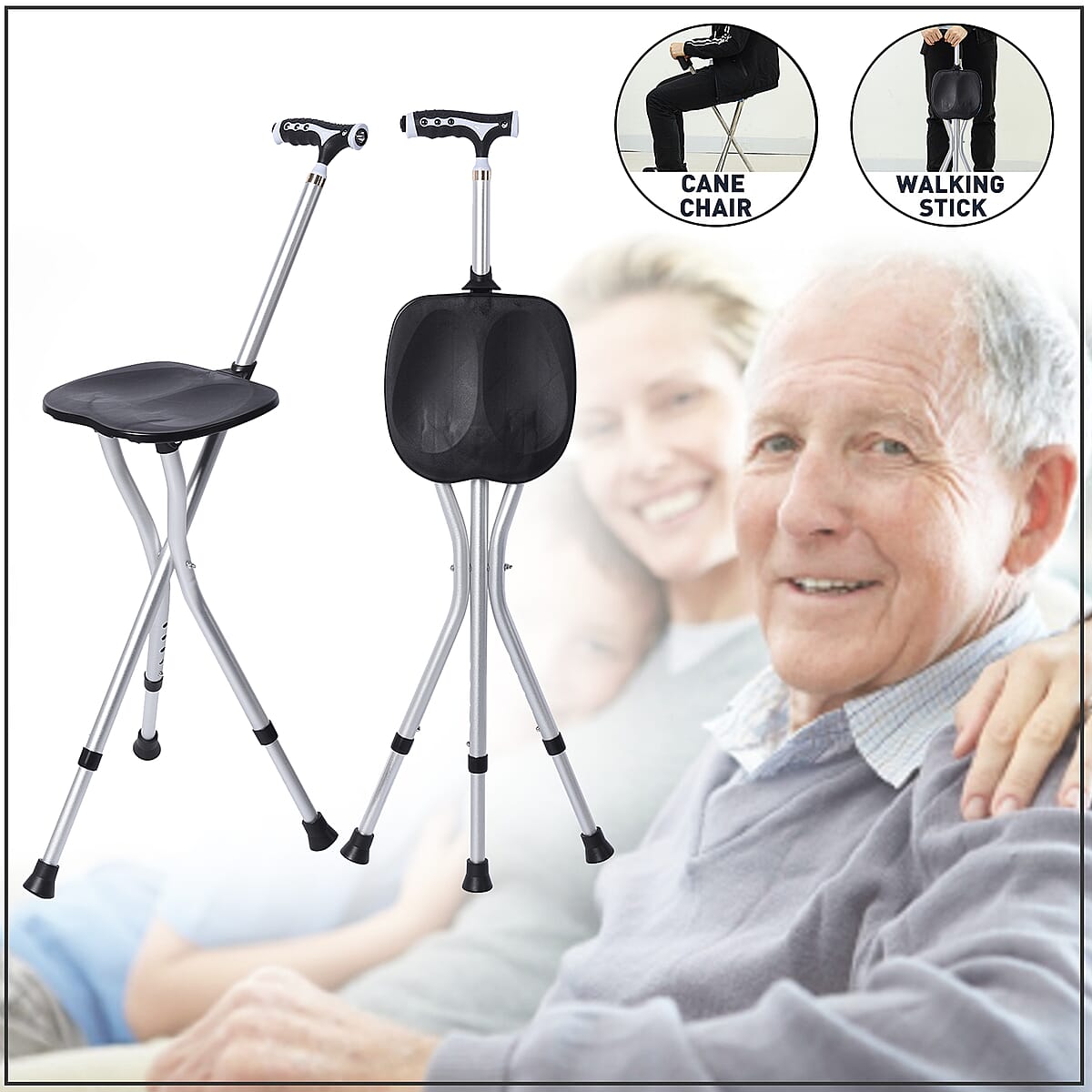 Buy Black Adjustable Portable Folding Stool Walking Cane with LED Lamp ...