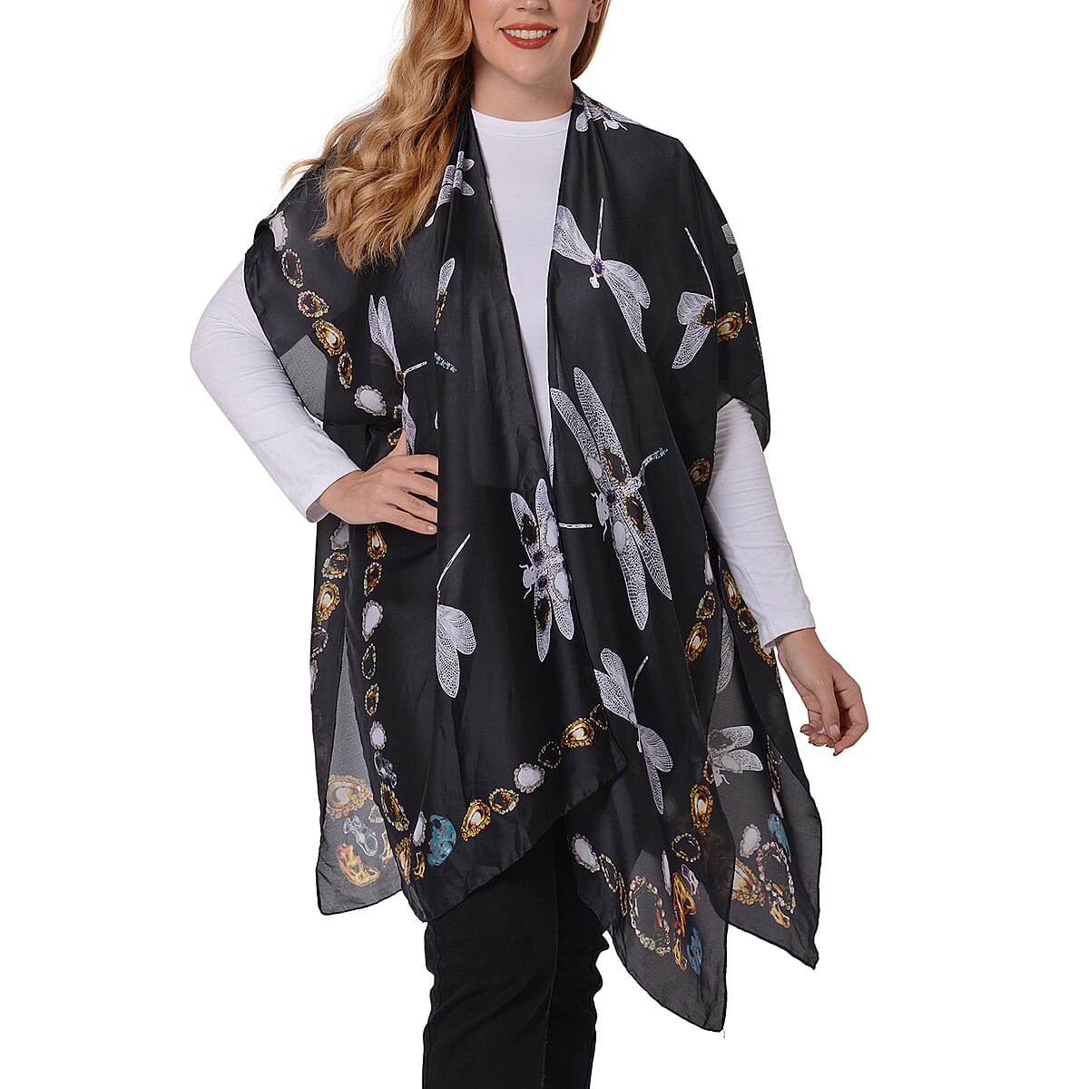 Buy Black Dragonfly Pattern Kimono (100% Polyester, 35x35) at ShopLC.