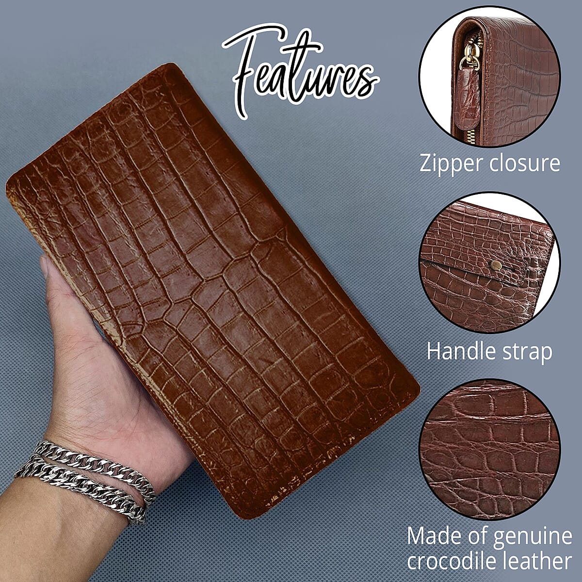 Buy Grand Pelle Genuine Crocodile Leather Dark Chocolate Long Wallet (8 ...