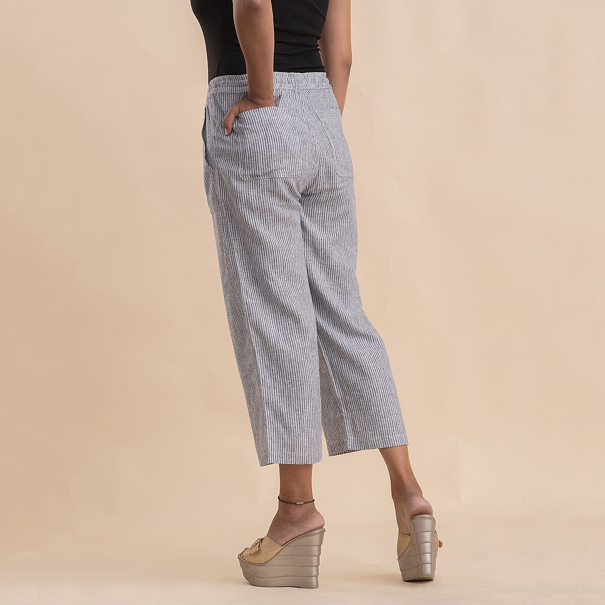 Buy JOVIE Pinstripe Gray Linen Wide Leg Capri with Drawstring - L at ...