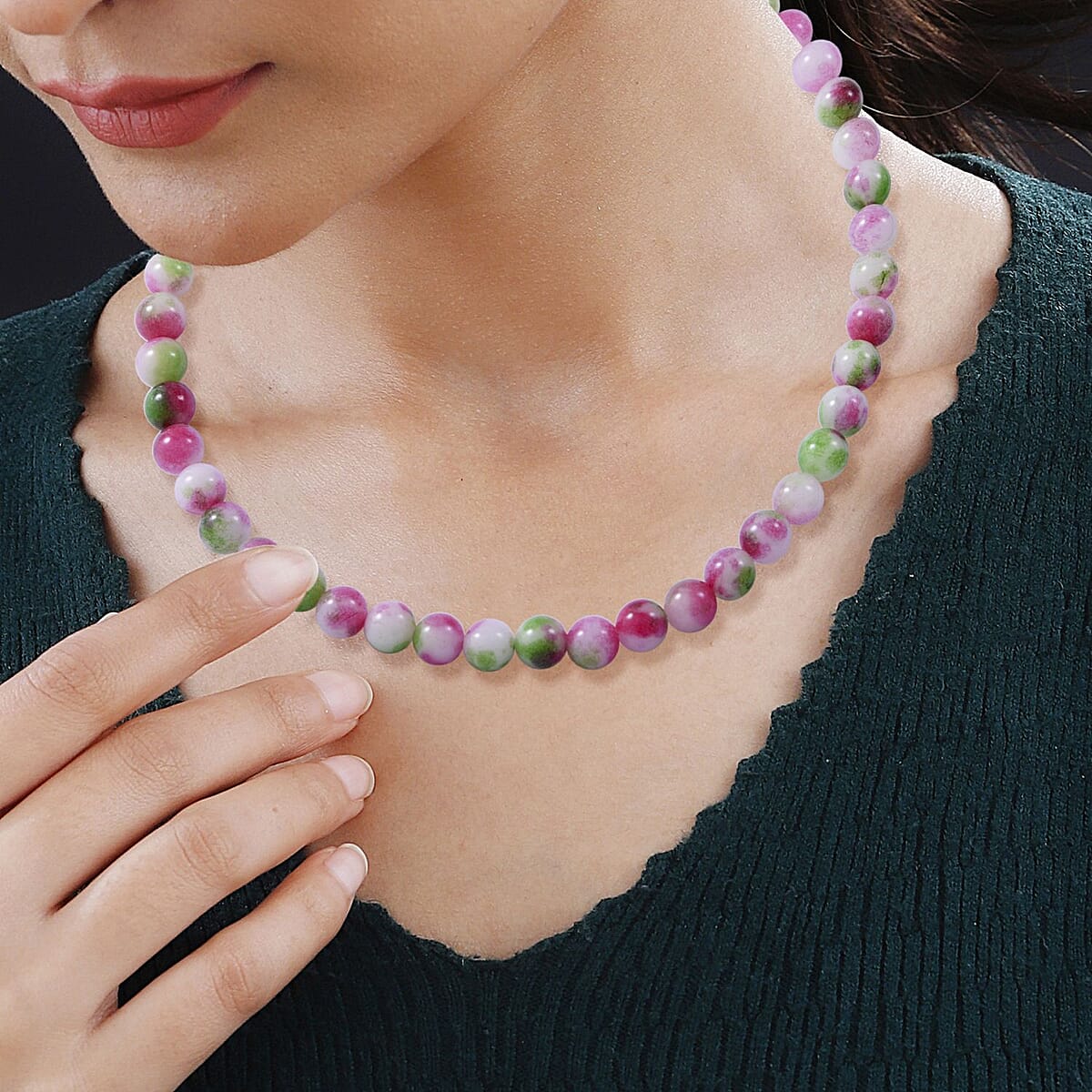 Buy Watermelon Agate 10mm Beaded Necklace 18 Inches in Sterling Silver ...