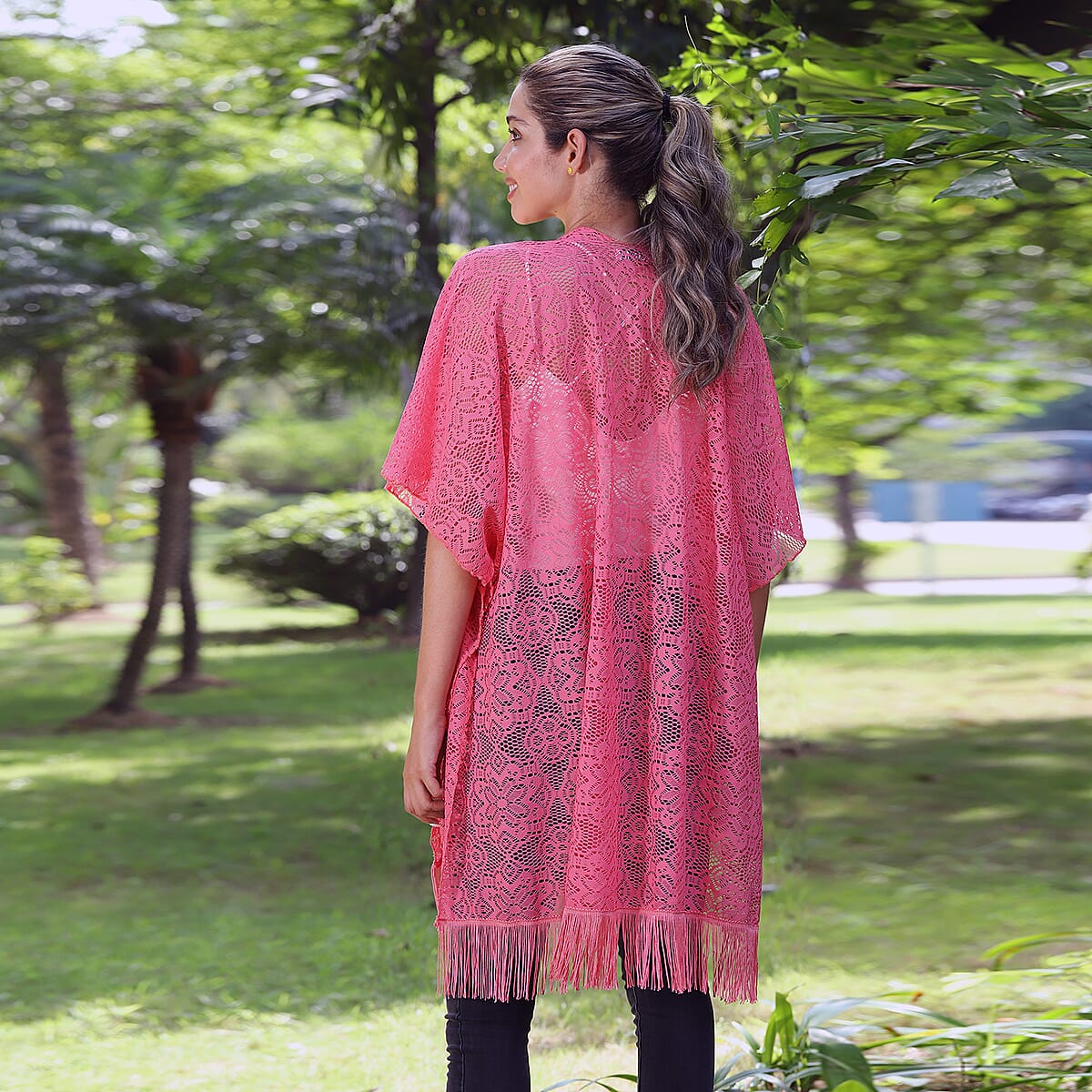 Buy Jovie Pink Lace Kimono for Women with Fine Fringe Hem | Open front ...