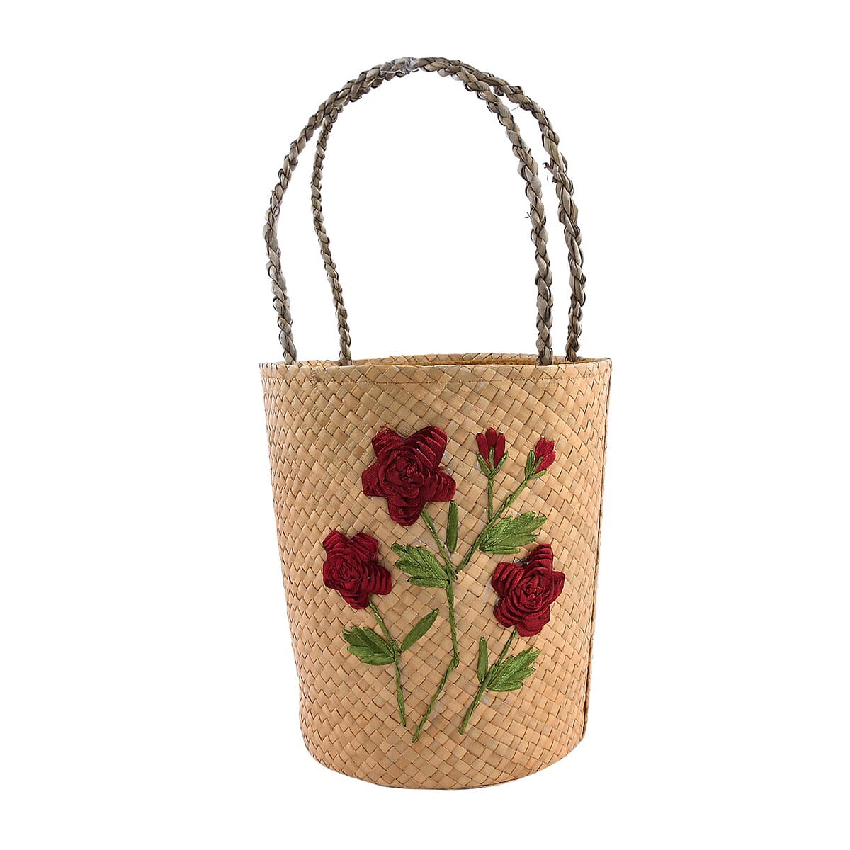 Buy Black Embroidered with Floral Handmade Pandan Woven Basket Bag (5. ...