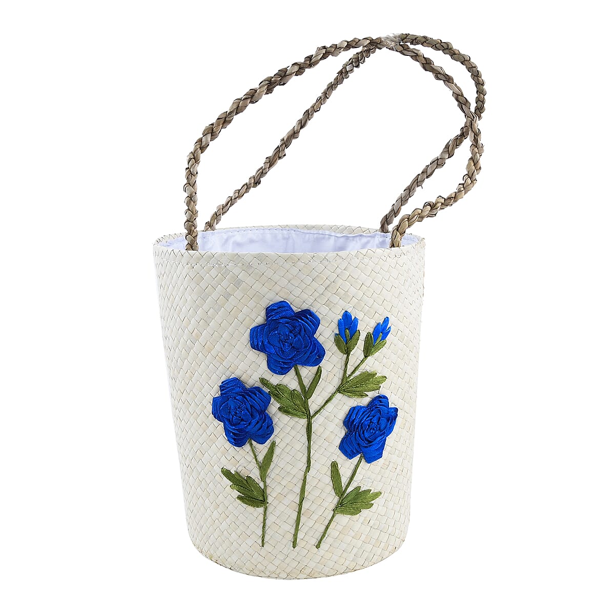 Buy Nature Color Embroidered with Floral Handmade Pandan Woven Basket ...