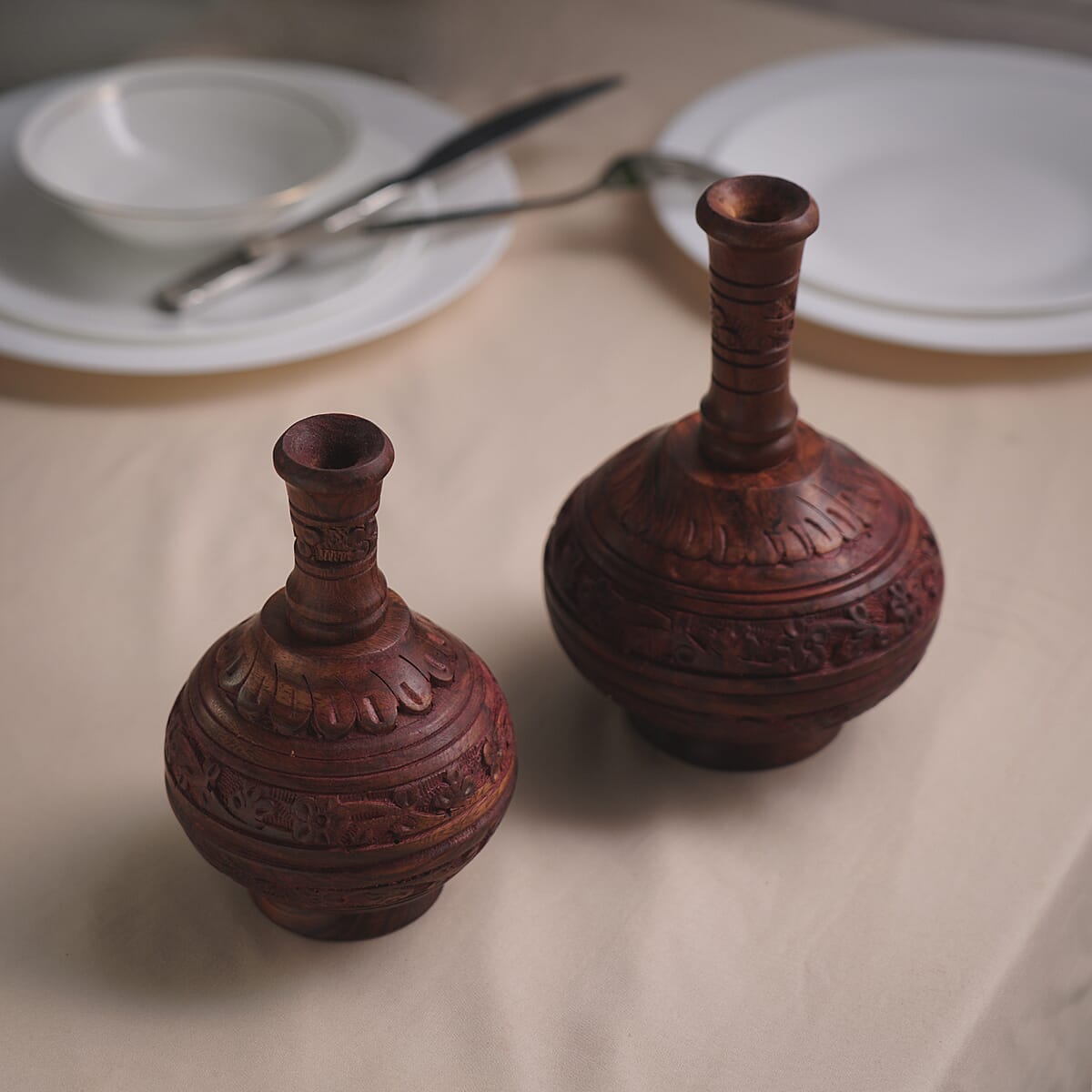Buy Set of 2 Natural Brown Hand Carved Wooden Surahi Shape Flower Vase ...