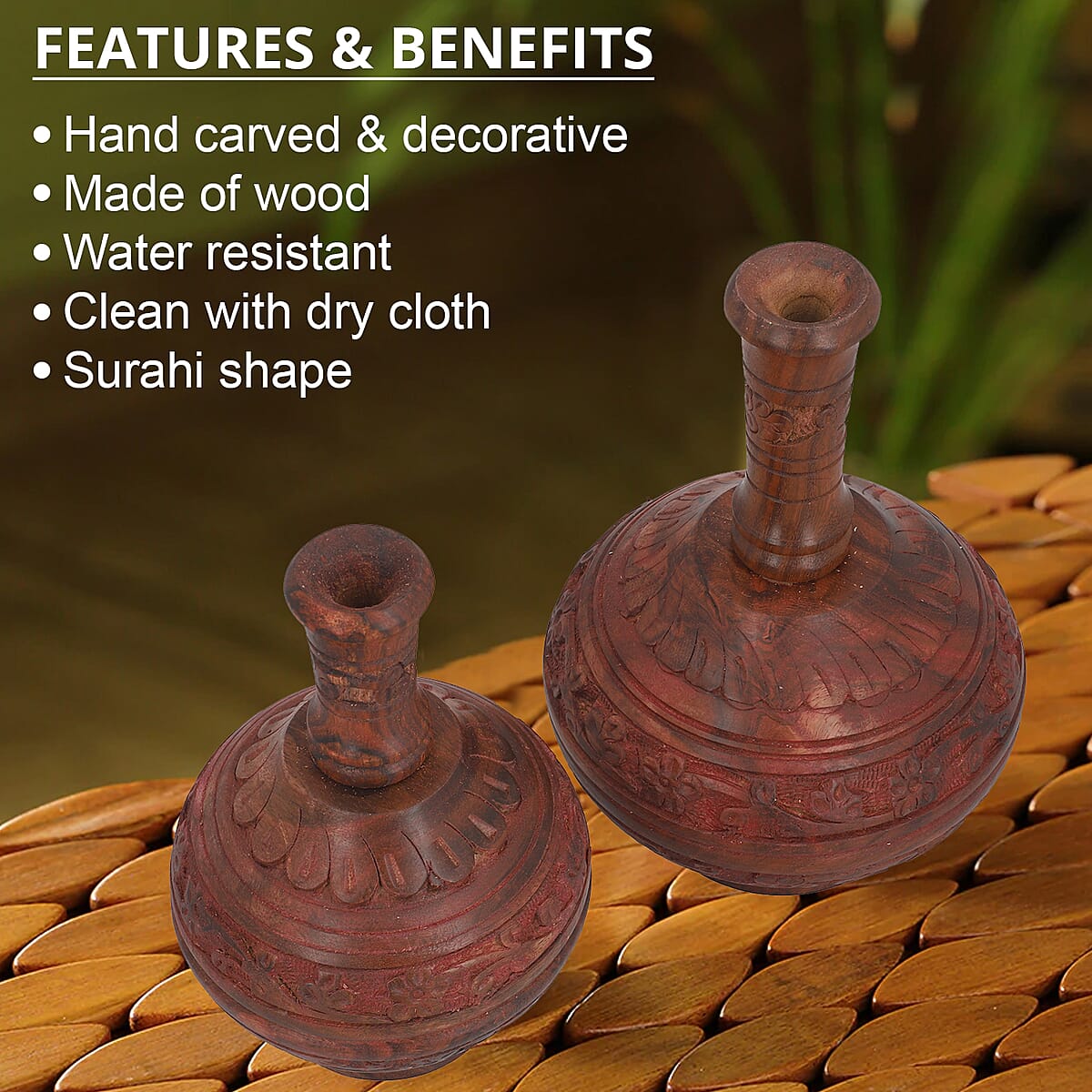 Buy Set of 2 Natural Brown Hand Carved Wooden Surahi Shape Flower Vase ...