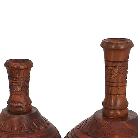 Buy Set of 2 Natural Brown Hand Carved Wooden Surahi Shape Flower Vase ...