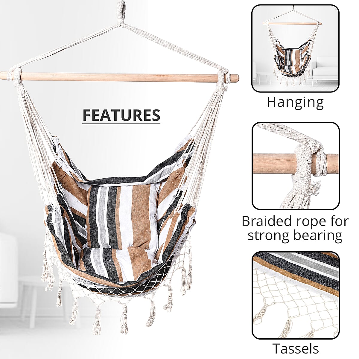 Buy White Hanging Rope Hammock Chair with 2 Seat Cushions Included at ...
