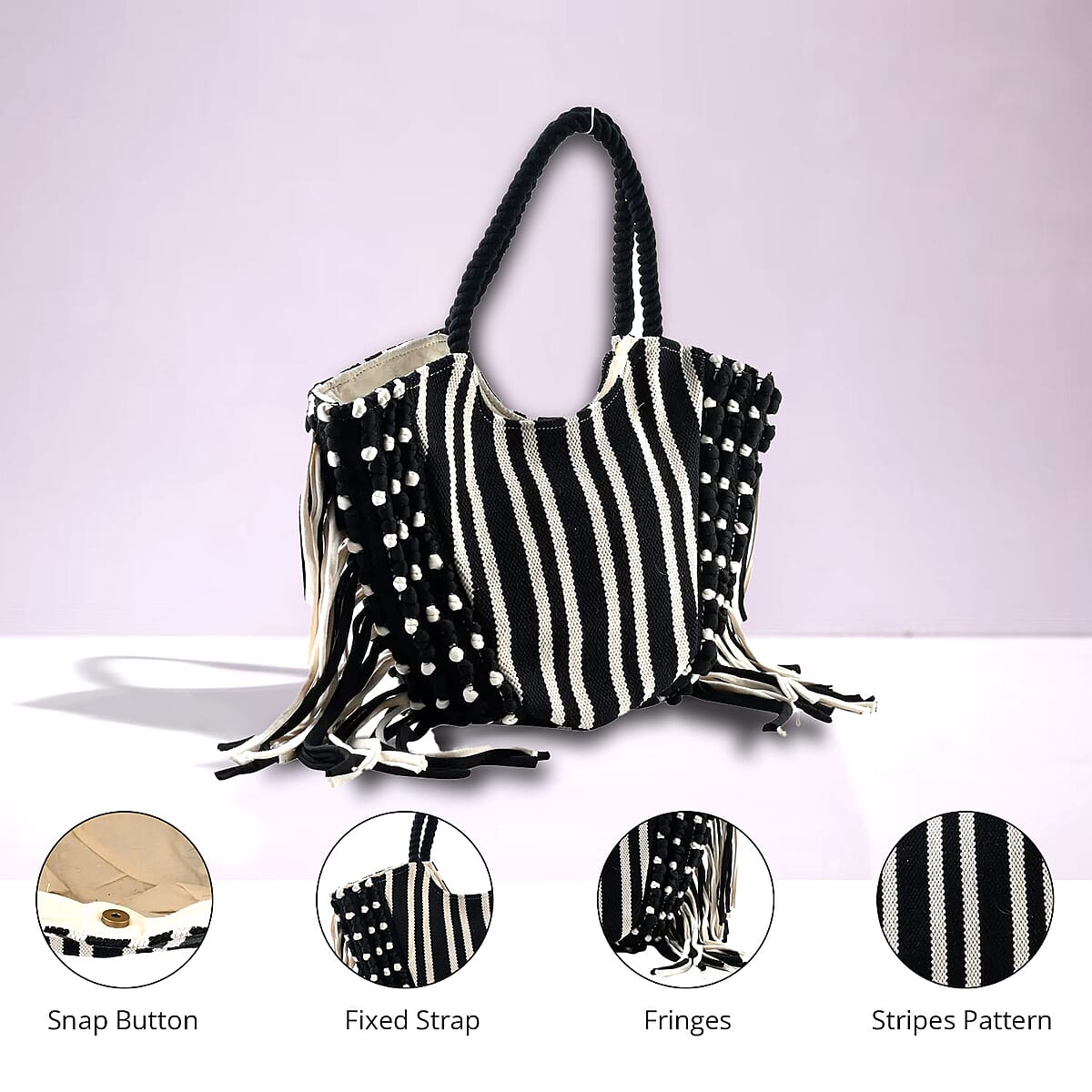 Buy Black and White Stripes Tote Bag with Fringe | Women's Cotton Tote ...