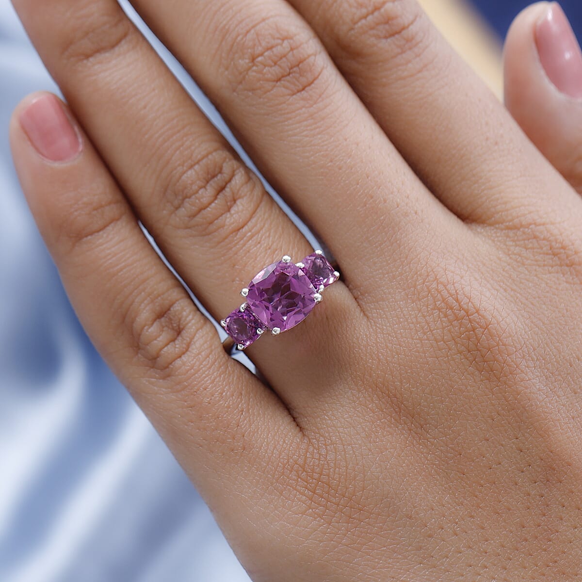 Buy African Lilac Quartz (Triplet) 3 Stone Ring in Platinum Over ...