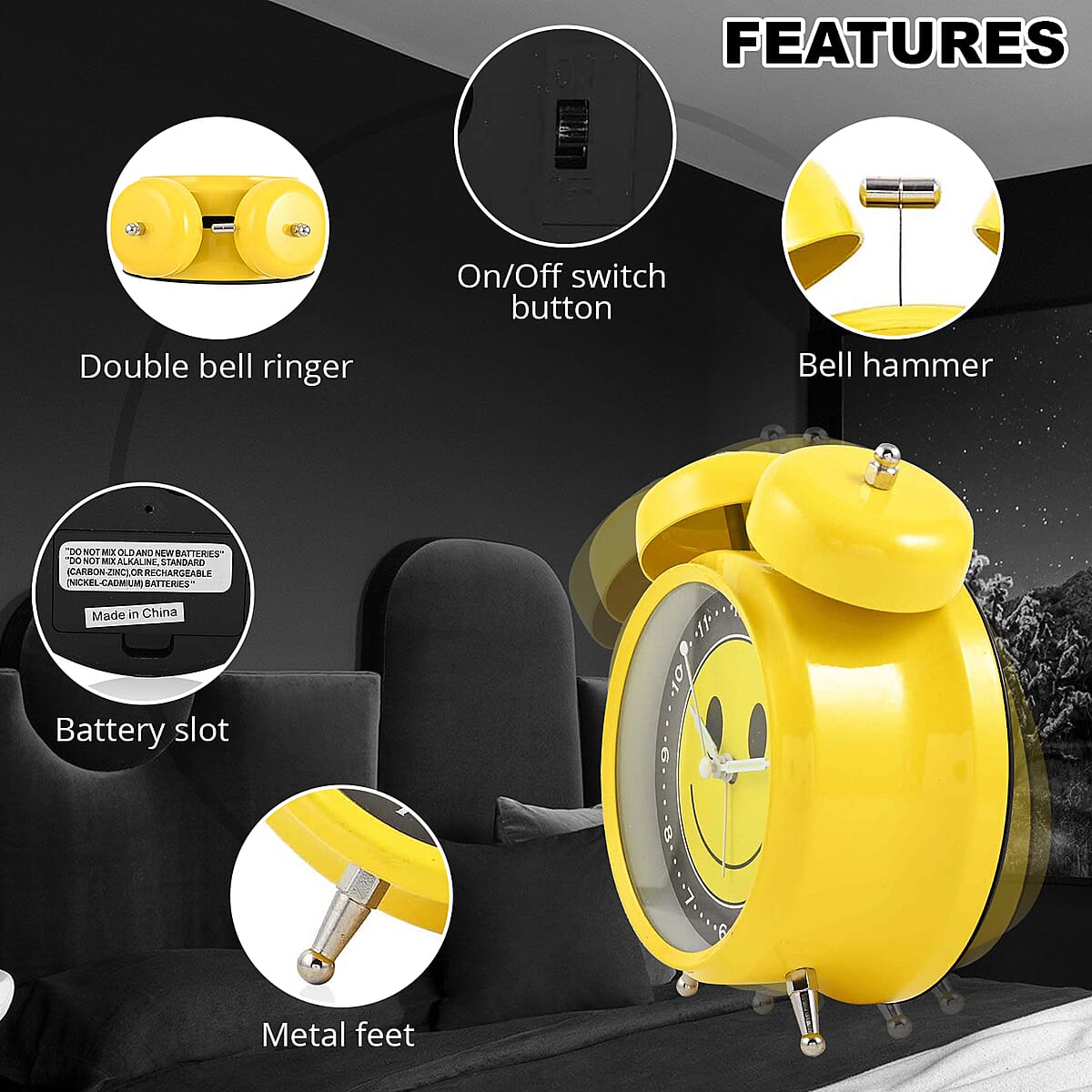 Buy Yellow Smiley Face Double Bell Alarm Clock at ShopLC.